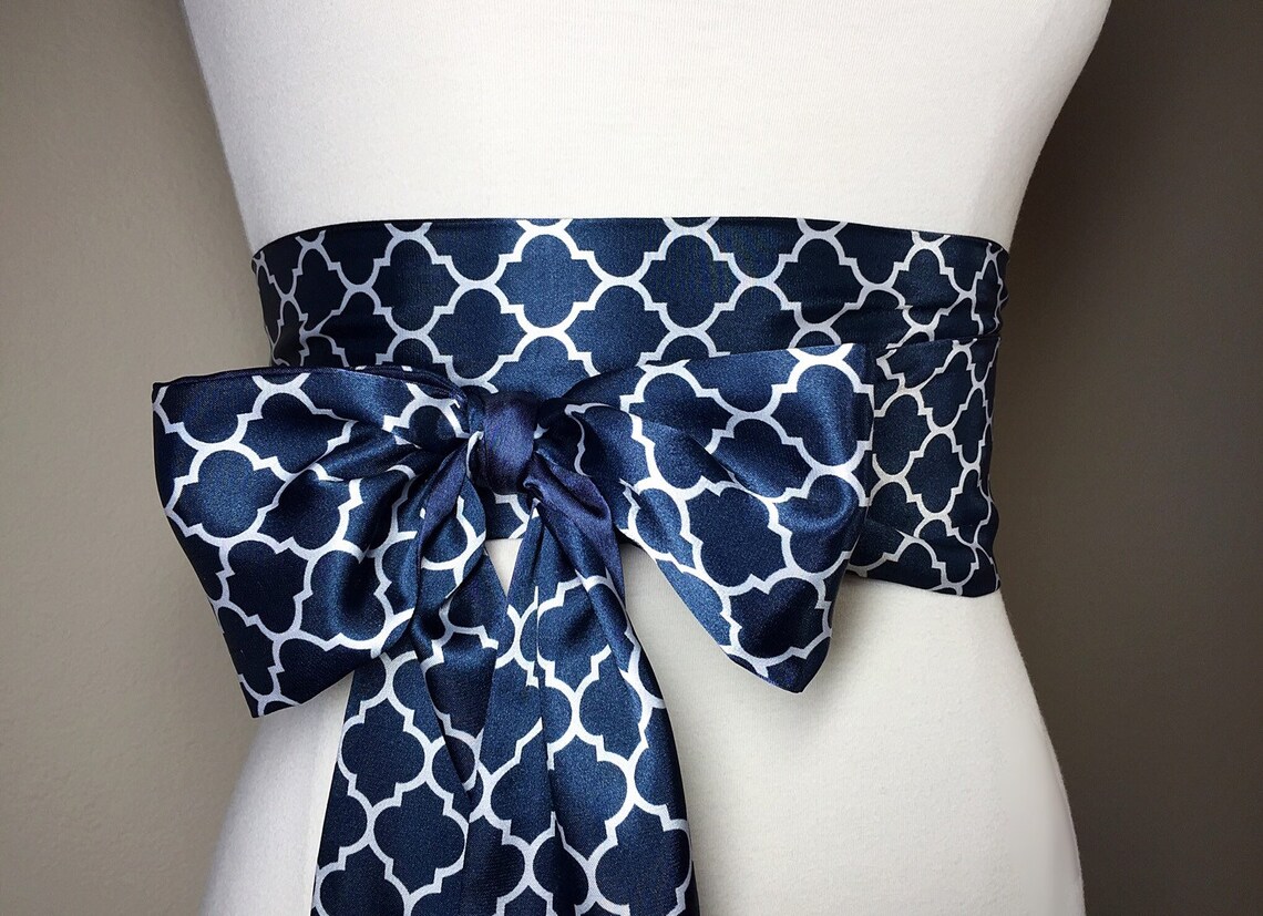 Navy Satin Sash Navy Quatrefoil Sash Navy Sash Navy & White | Etsy