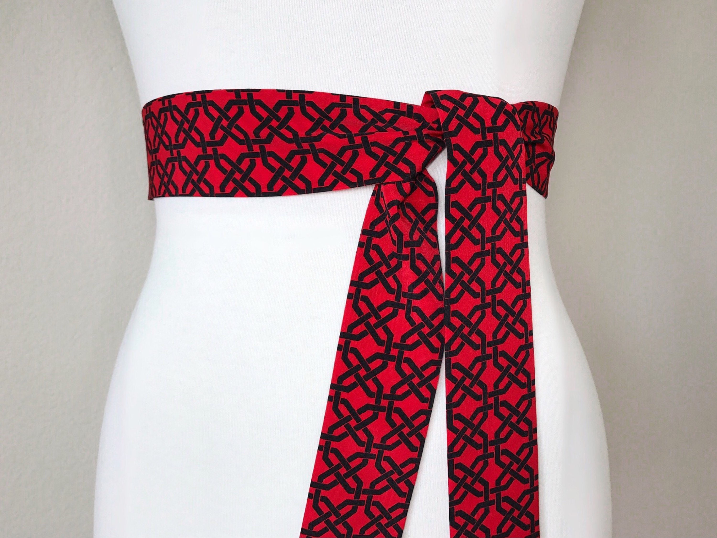 Narrow Red & Black Sash, Black and Red Print Sash, Geometric Print Sash ...