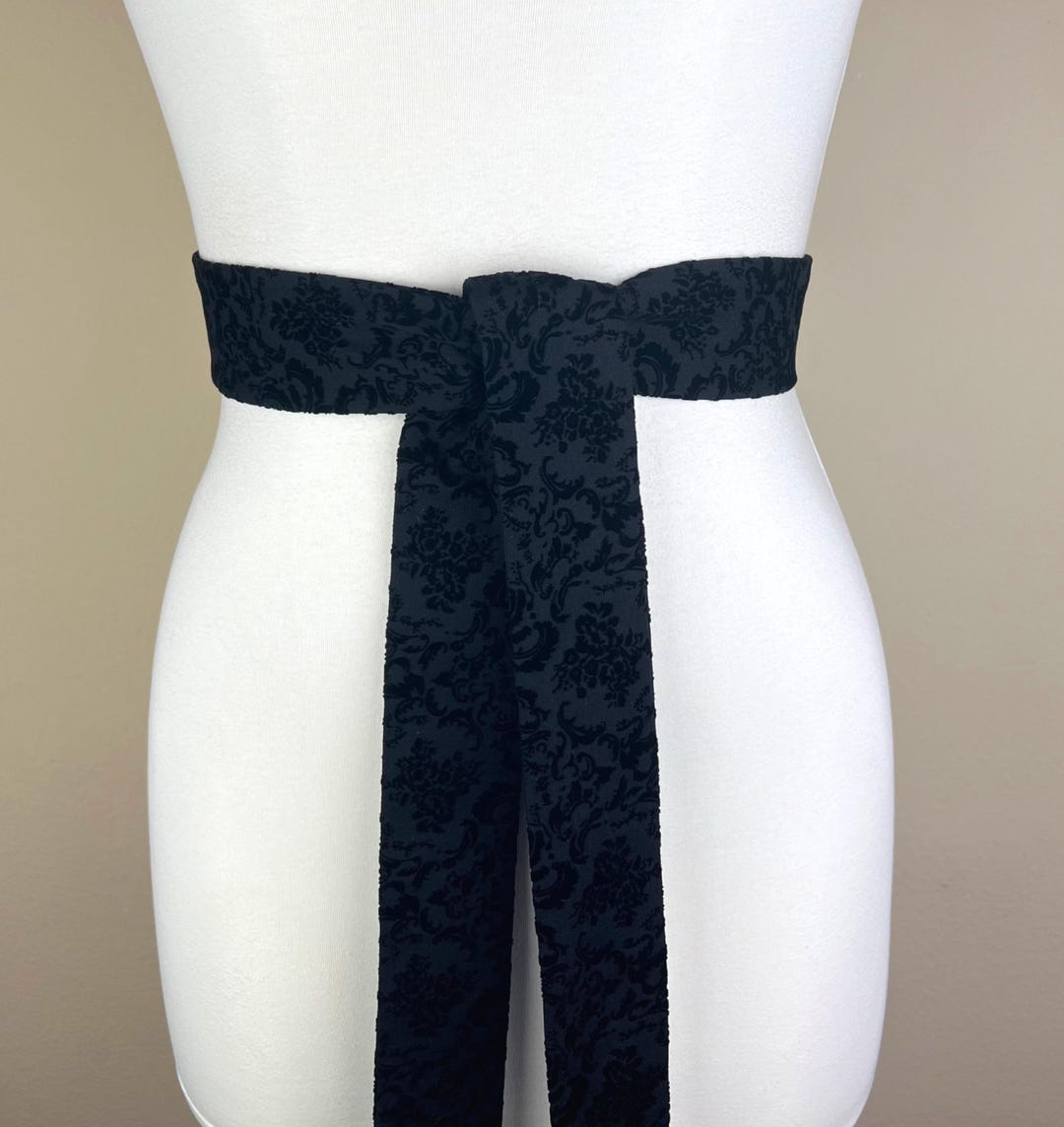 Narrow Flocked Velvet Sash, Black Sash Belt in Flocked Velvet Damask ...