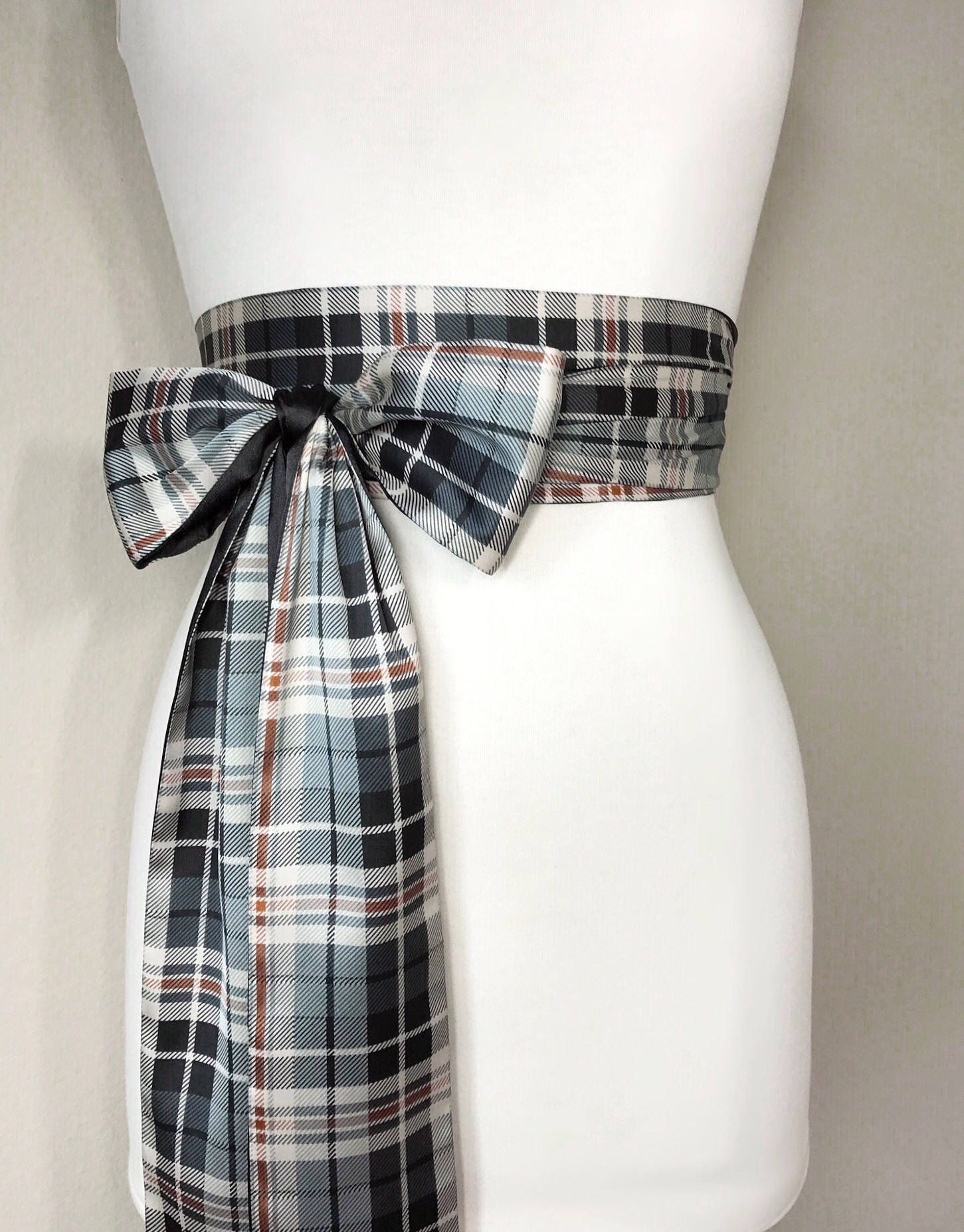 Beige & Black Tartan Sash, Plaid Satin Sash, Tartan Plaid, Reversible ...