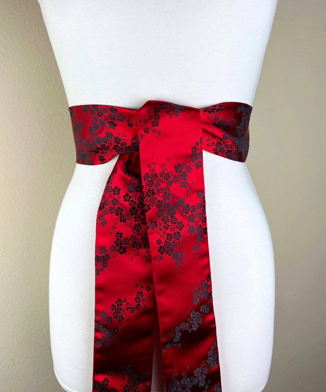 Japanese Cherry Blossom Brocade Sash, Red Cherry Blossom Sash Belt, Red ...