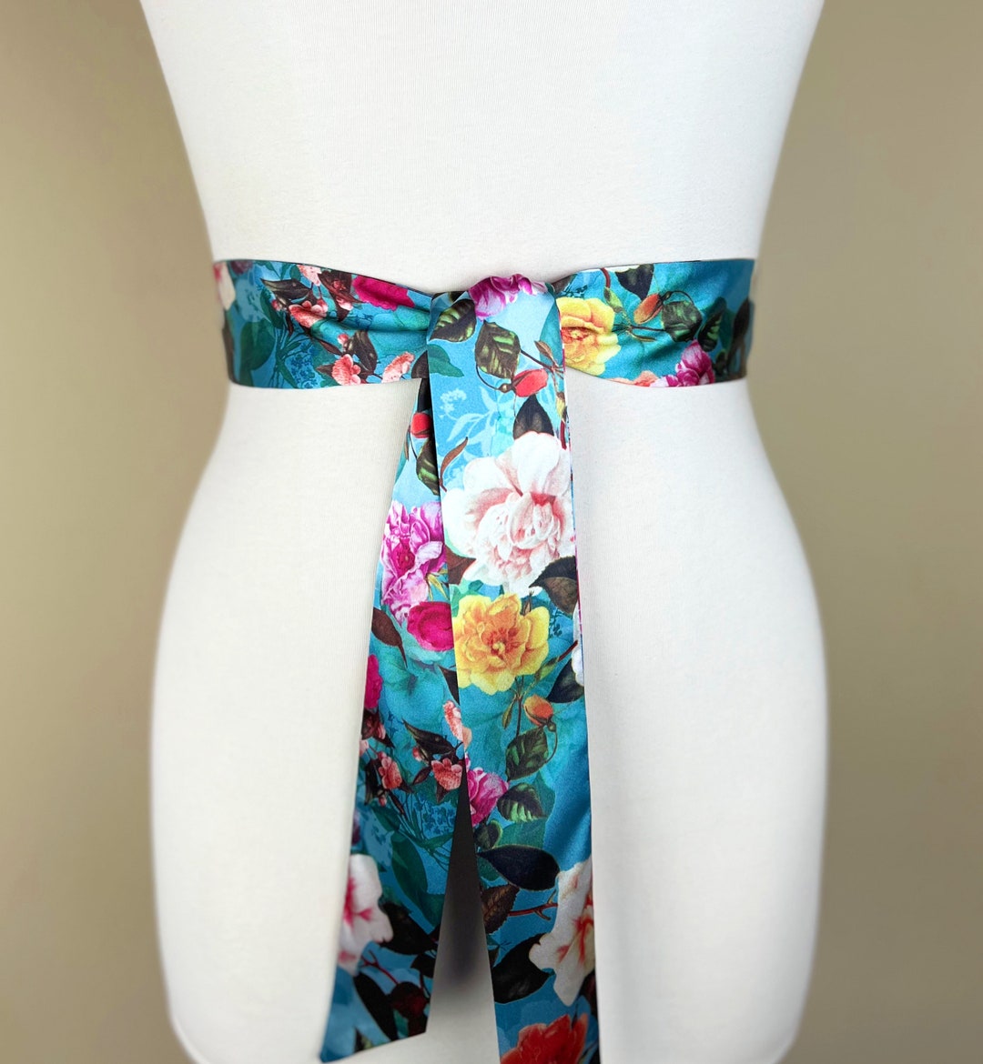 Narrow Aqua Blue Floral Sash, Vintage Rose Print Sash, Blue Satin Sash ...