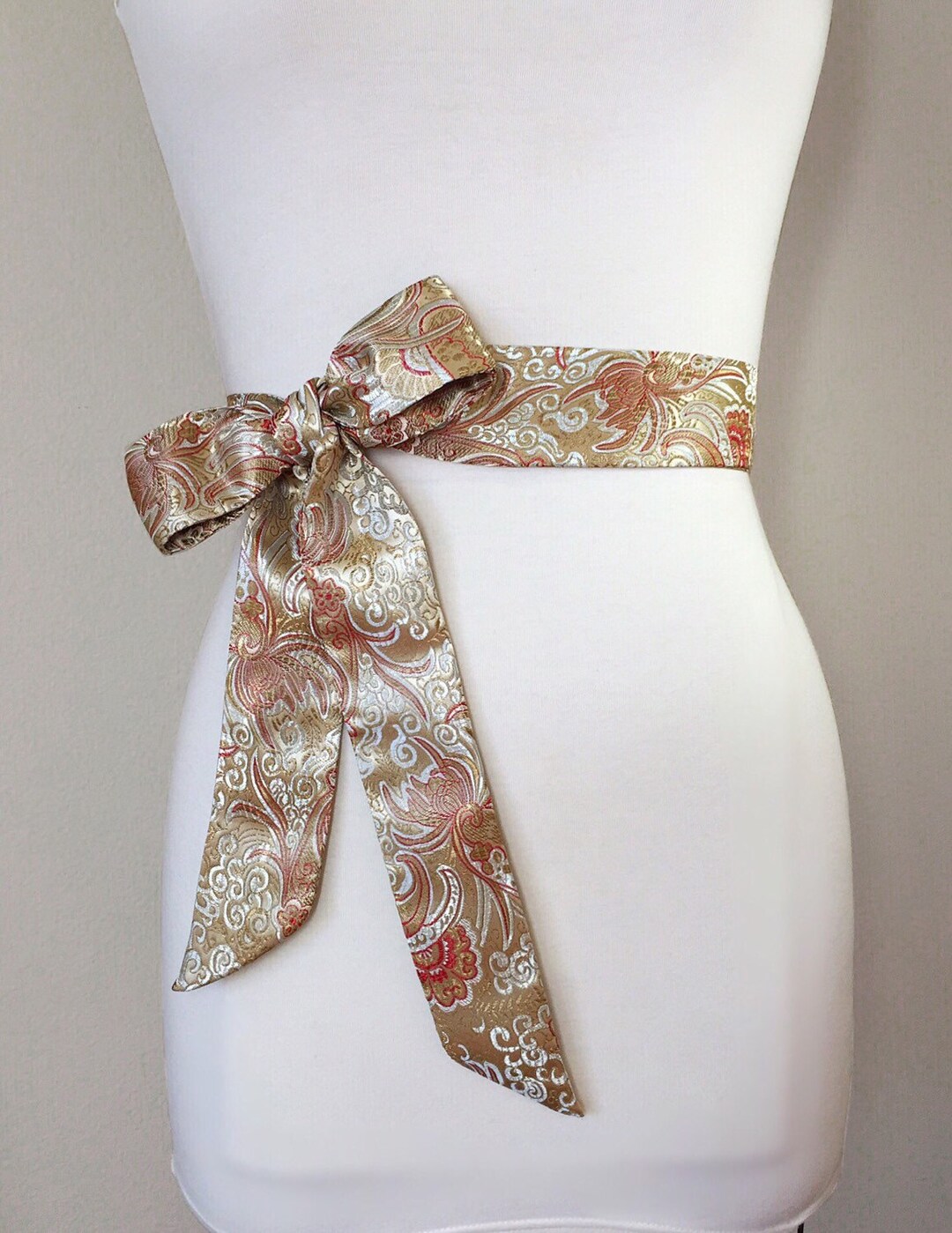 Pale Gold Sash in Chinese Brocade, Gold Satin Sash, Floral Sash in Gold ...