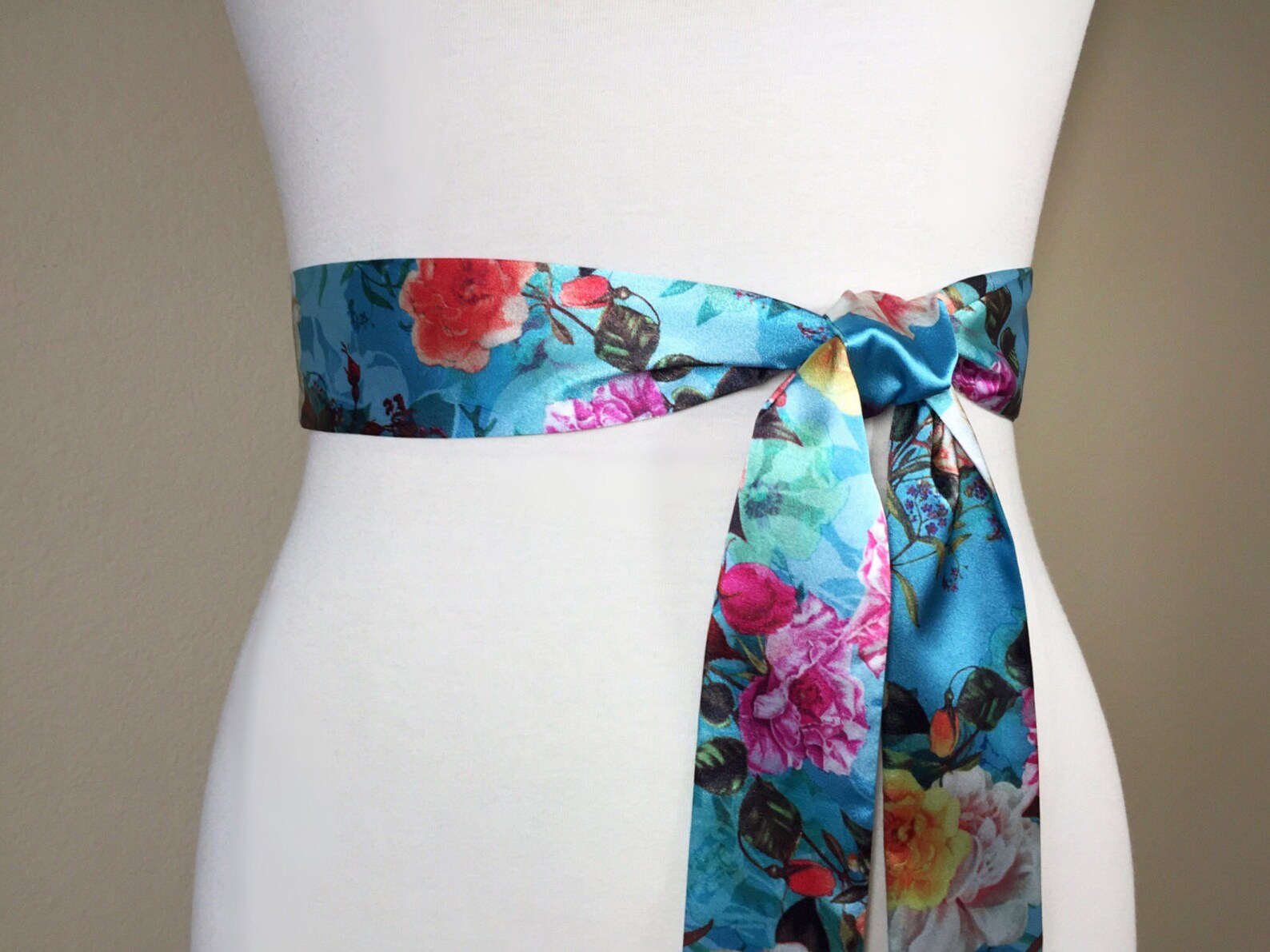 Narrow Aqua Blue Floral Sash Vintage Rose Print Sash Blue - Etsy