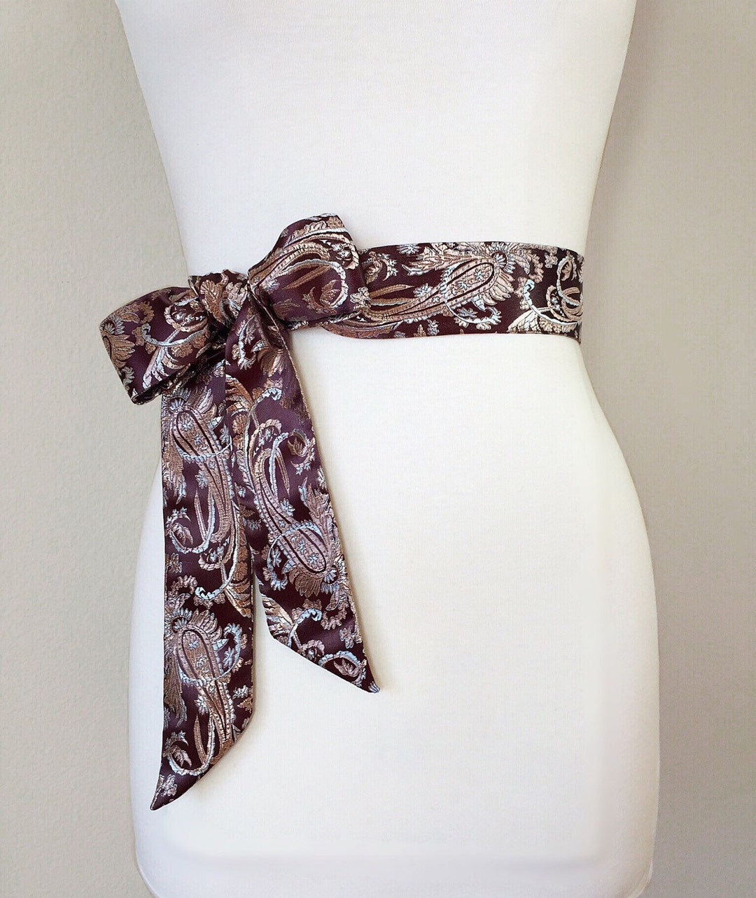 Asian Brocade Sash in Brown, Rose Gold & Silver, Paisley and Floral ...