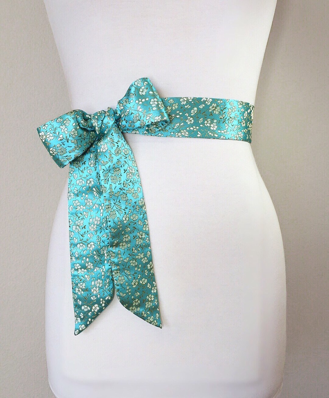 Aqua Floral Sash in Asian Brocade, Floral Sash in Aqua & Gold, Chinese ...