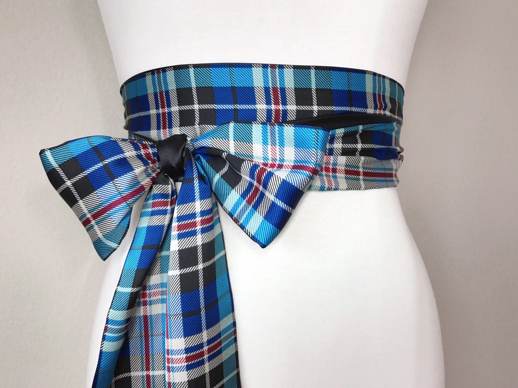 Blue & Black Tartan Sash, Plaid Satin Sash, Blue Tartan Plaid ...