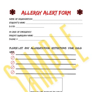 INSTANT DOWNLOAD PRINTABLE Daycare Preschool Child Allergy Alert Form ...