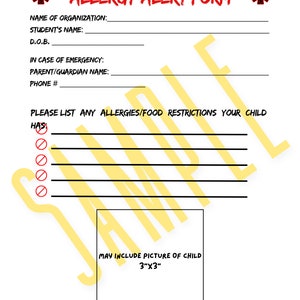 INSTANT DOWNLOAD PRINTABLE Daycare Preschool Child Allergy Alert Form ...
