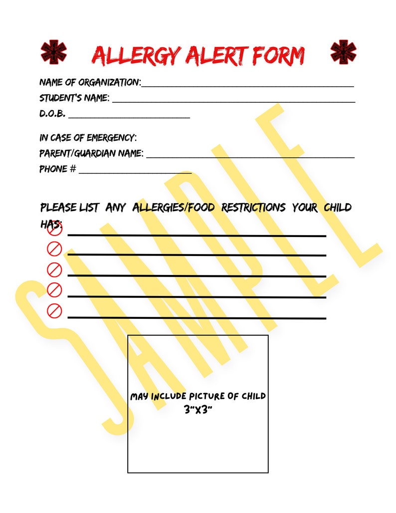 INSTANT DOWNLOAD PRINTABLE Daycare Preschool Child Allergy Alert Form ...
