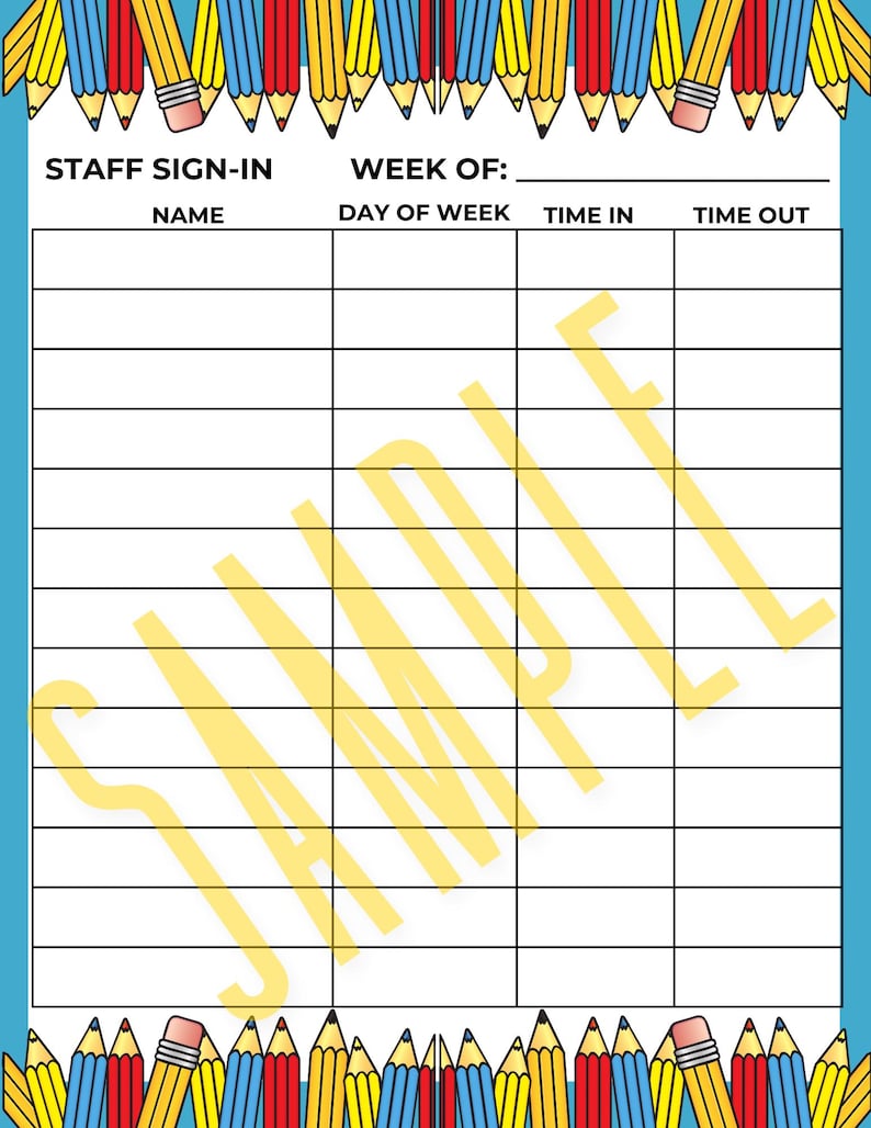 Teacher Sign-in Sheet: Daycare & Preschool Staff (printable Download ...
