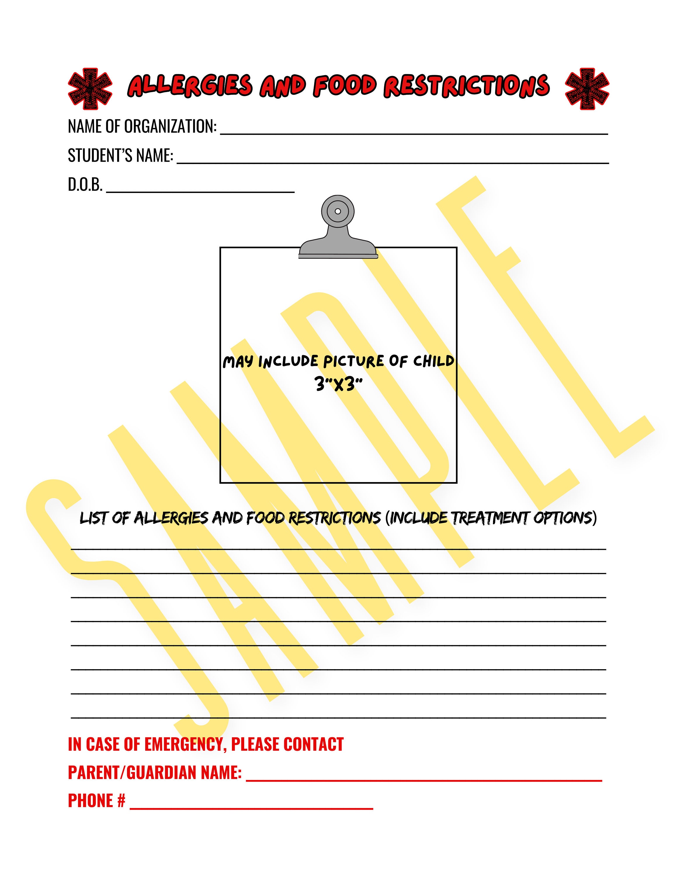 INSTANT DOWNLOAD PRINTABLE Daycare Preschool Child Allergy Alert Form ...