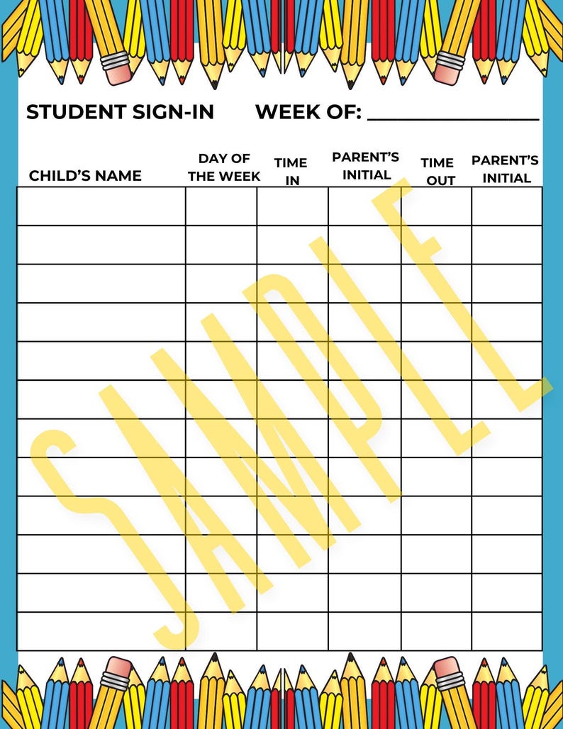 Student Attendance Sign-in Sheet: Daycare, Preschool, School (printable ...