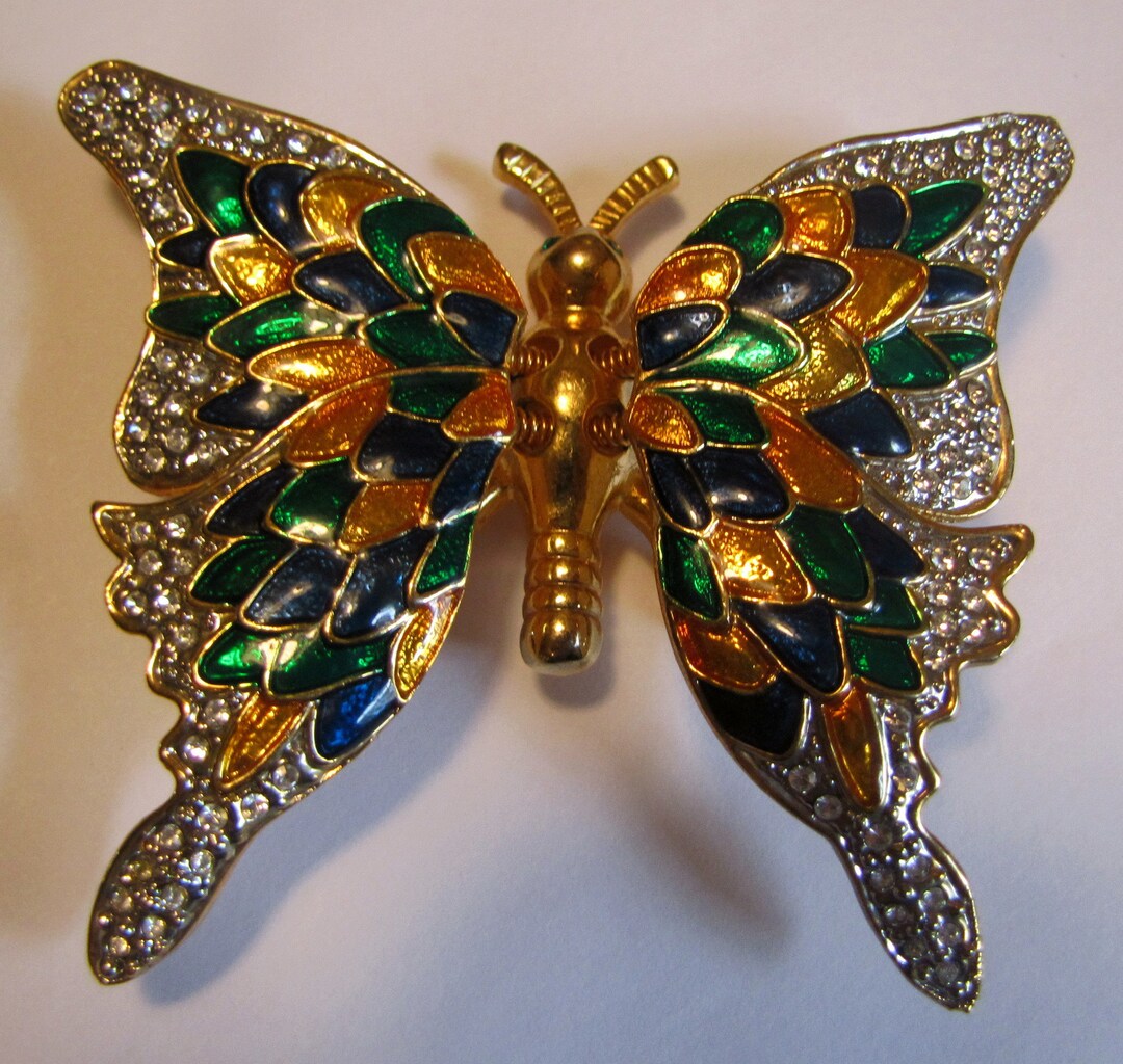 Butterfly Pin Brooch Trembler Enamel and Rhinestones Gold in Box Large ...
