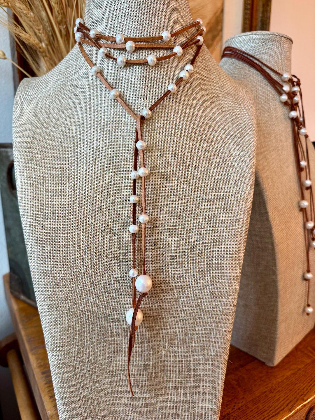 Deer Tan Leather Pearl Lariat Necklace: Multi-wear Choker, Bracelet ...