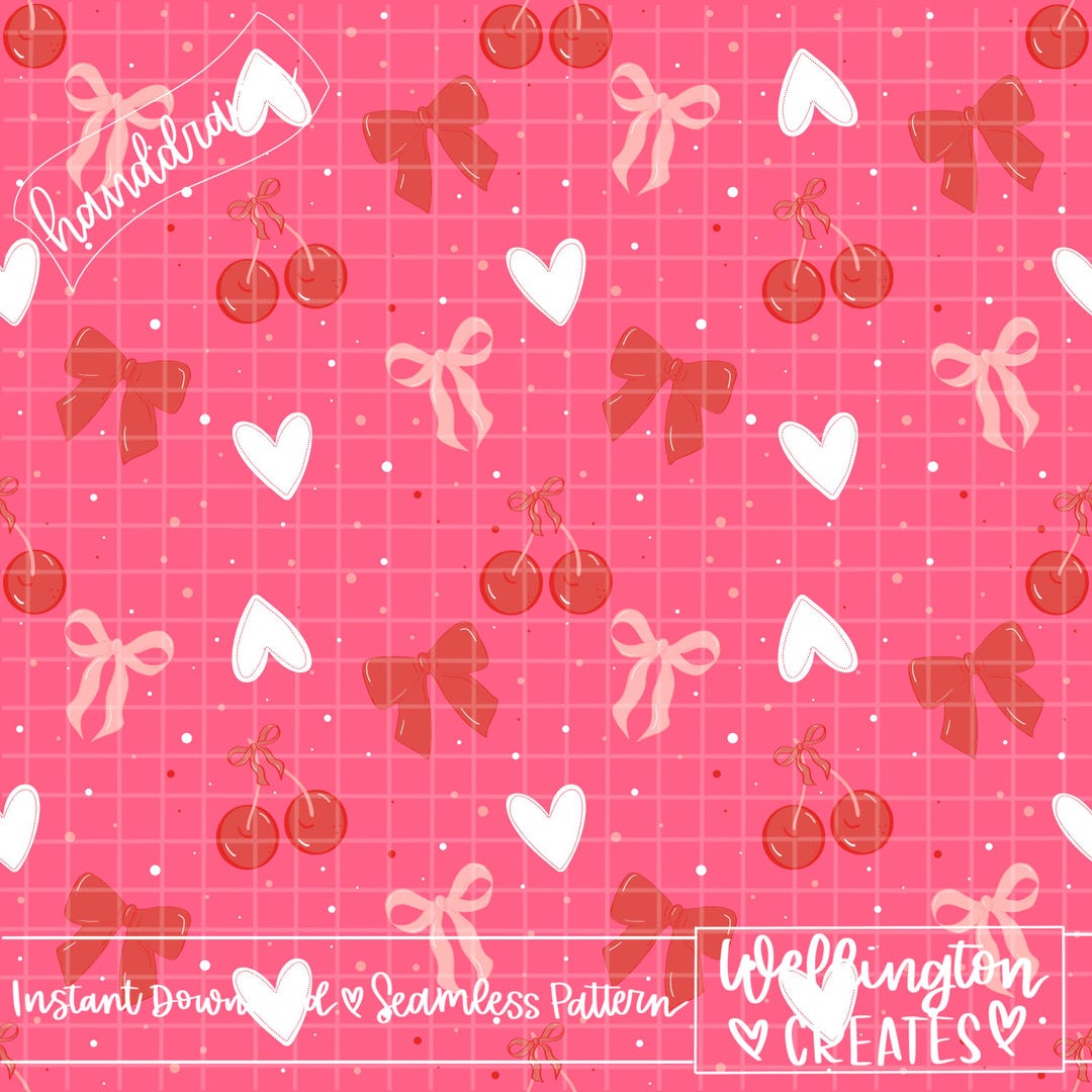 Pink Cherry Bow Seamless Pattern | Retro Valentine Fabric Design ...