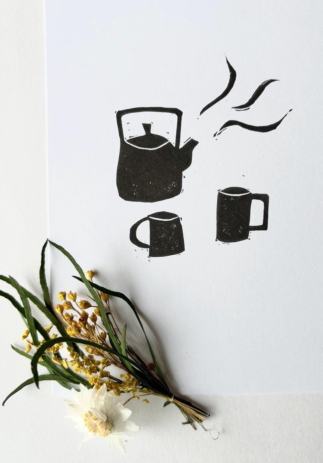 Teapot Linocut Print, Teapot Illustration, Linoleum Art Print, Kitchen ...