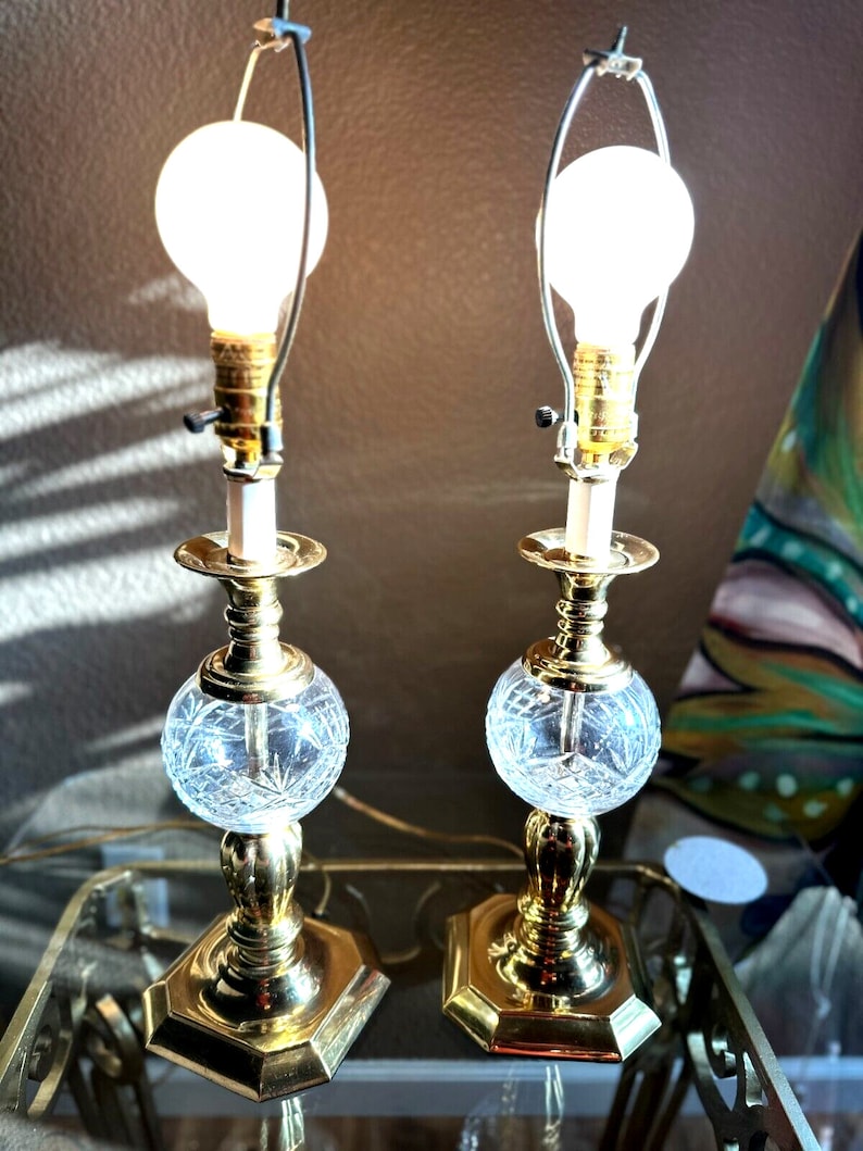 Vintage Pair Glass Gold Brass Metal Clear Cut Table Night Light Lamps ...