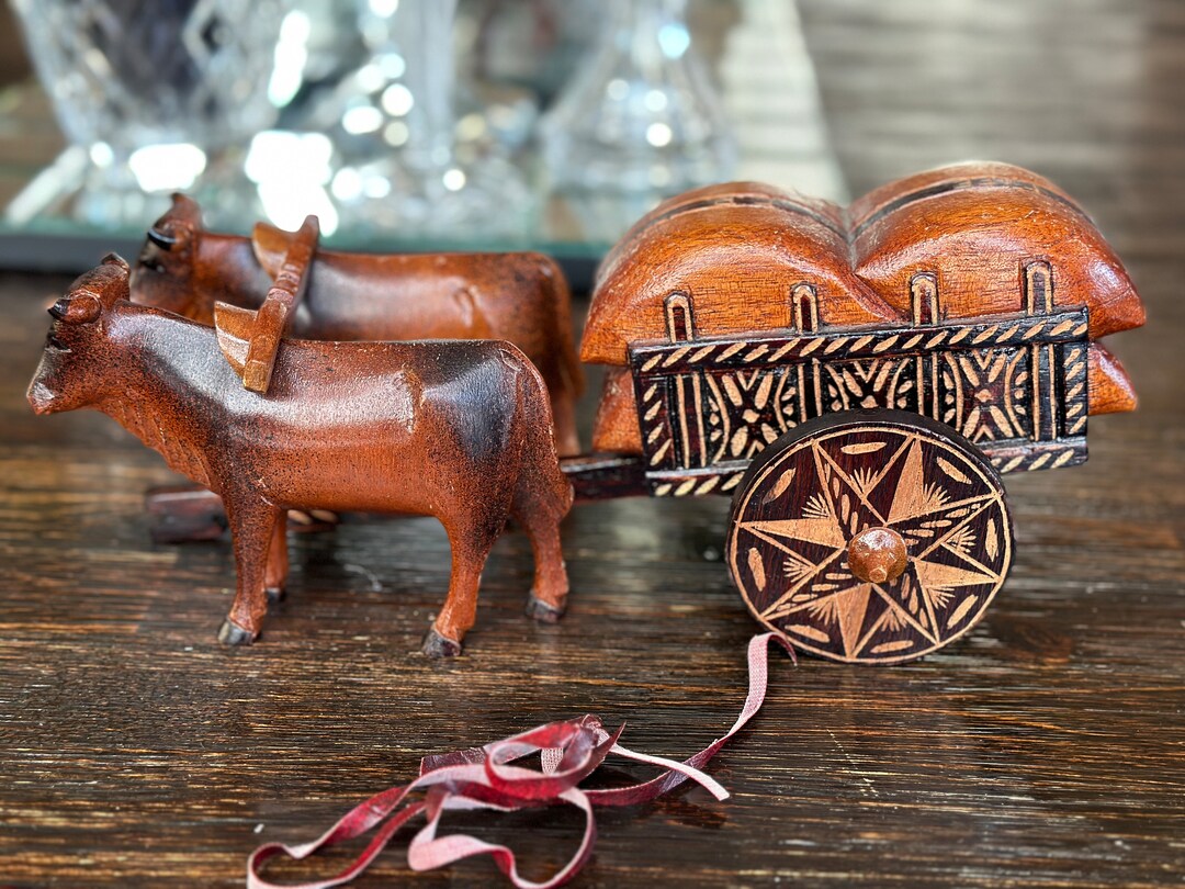 Vintage Hand Carved Wooden Ox Pulling Cart Carriage Buggy Wagon Folk ...