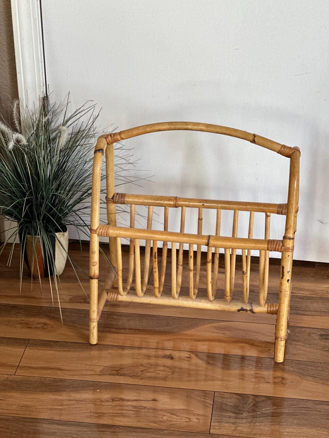 Vintage Bamboo Rattan Wicker Magazine Rack Album Record Storage Shabby ...