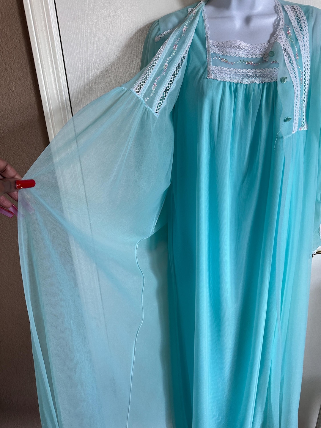 Vintage Blue Sheer Peignoir Robe Nightgown Negligee Lace Housecoat ...