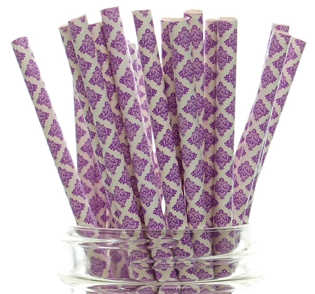 Purple Floral Damask Straws (25 Pack) - Formal Paper Drinking Straws ...
