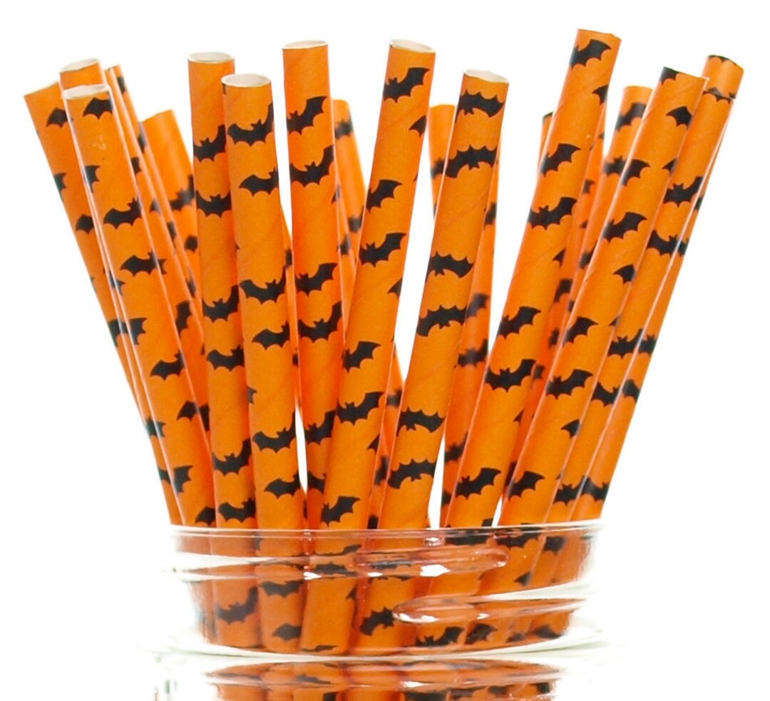 Halloween Bat Paper Straws (25 Pack): Orange & Black Party Drink ...