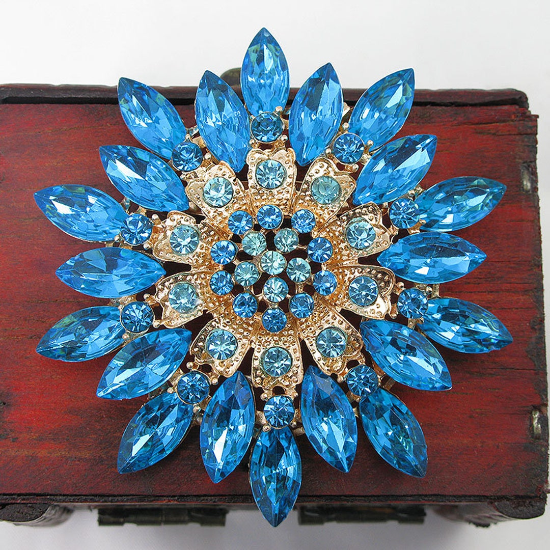 Large Blue Brooch Crystal Rhinestone Brooch Pin Wedding Brooch Wedding ...