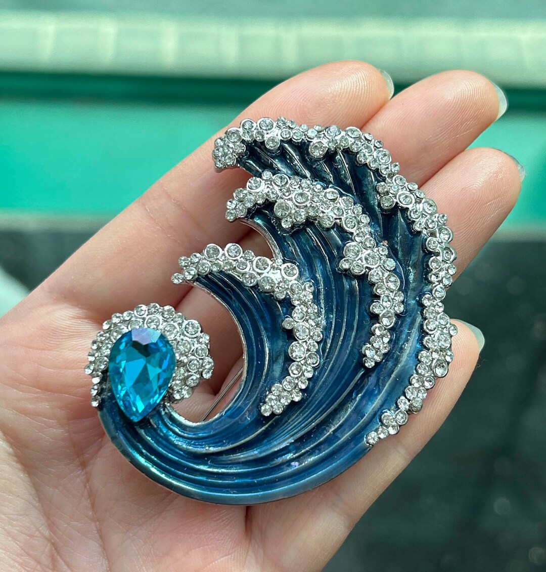 Blue Ocean Wave Brooch Pin Enamel Rhinestone Girl Coat Broach ...