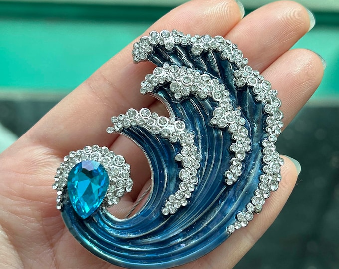 Blue Ocean Wave Brooch Pin Enamel Rhinestone Girl Coat Broach ...