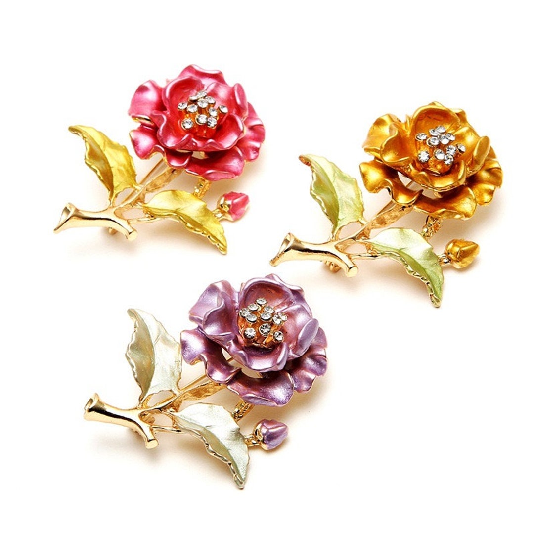 3-colors Gold-tone Enemal PURPLE Camellia Rhinestone Brooch - Etsy
