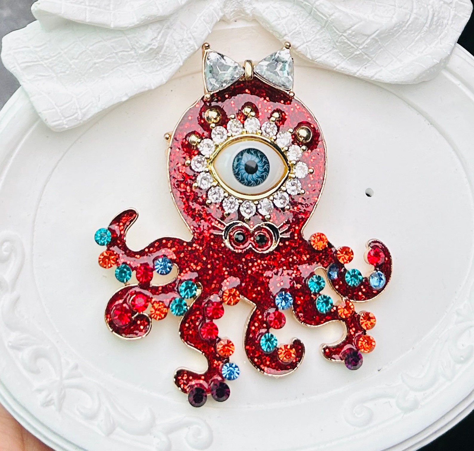Unisex RED Enamel Rhinestone Crystal Octopus With Eyeball Accents Art ...