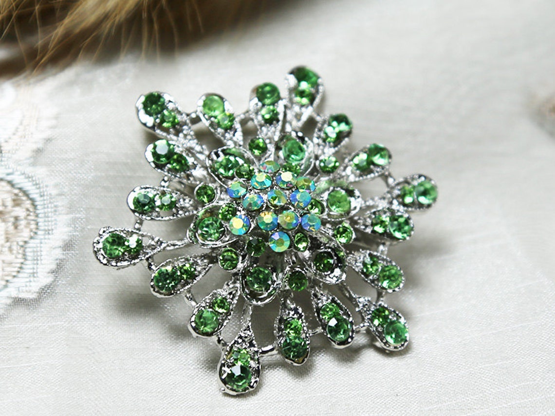 Green Rhinestone Brooch Wedding Brooch Wedding Bouquet Brooch - Etsy