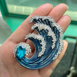 Blue Ocean Wave Brooch Pin Enamel Rhinestone Girl Coat Broach ...