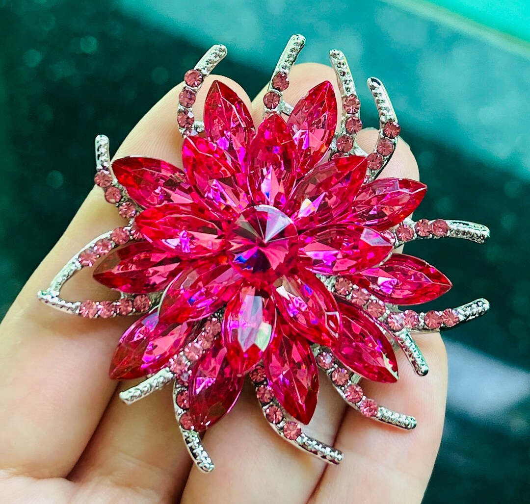 Hot Pink Fuchsia Rhinestone Crystal Rose Brooch Flower Brooch Wedding ...