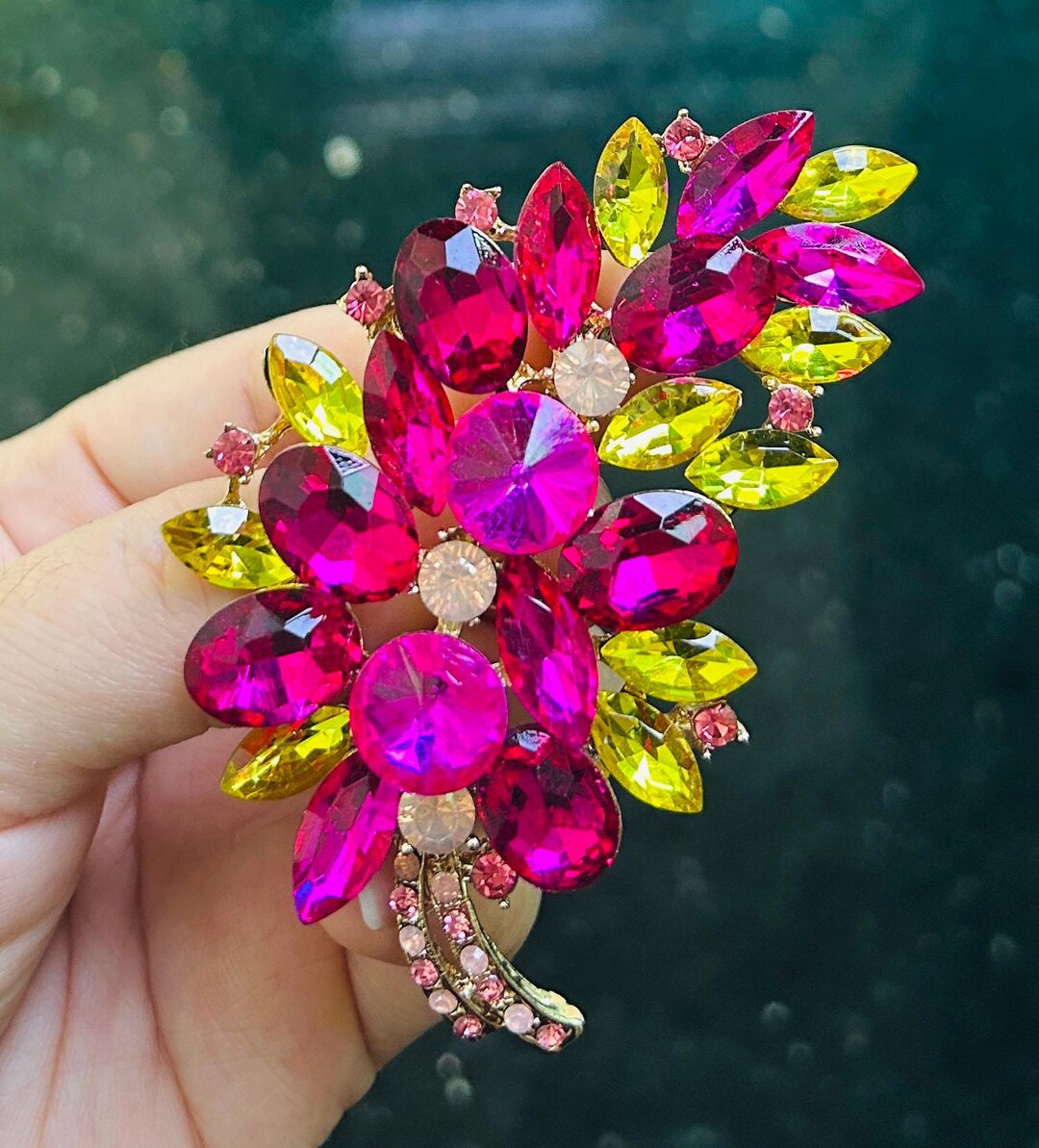 LARGE Vintage Gold Tone Hot Pink Green Rhinestone Crystal Flower Brooch ...