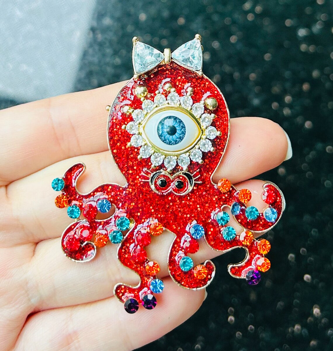 Unisex RED Enamel Rhinestone Crystal Octopus With Eyeball Accents Art ...