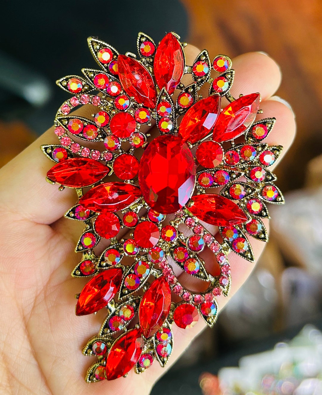 UNIQUE Large Vintage Gold RUBY RED Pink Rhinestone Crystal Brooch ...