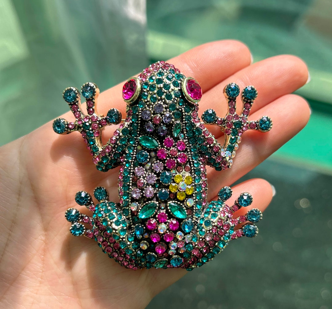 Vintage Style Multicolor Pink Frog Brooch Pin Colorful Frog Rhinestone ...