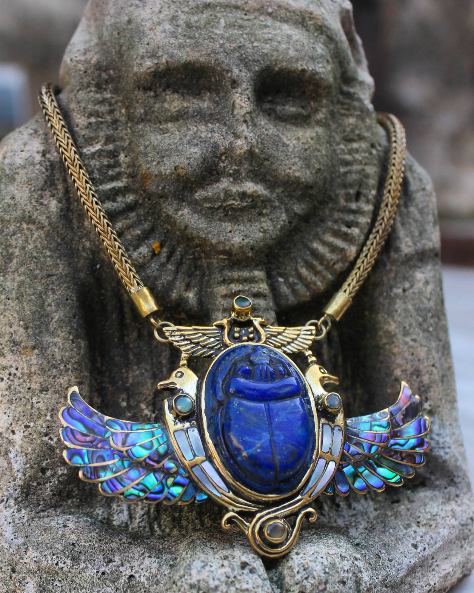 Egyptian Scarab Reproduction Necklace, Winged Scarab, Hand Carved Lapis ...