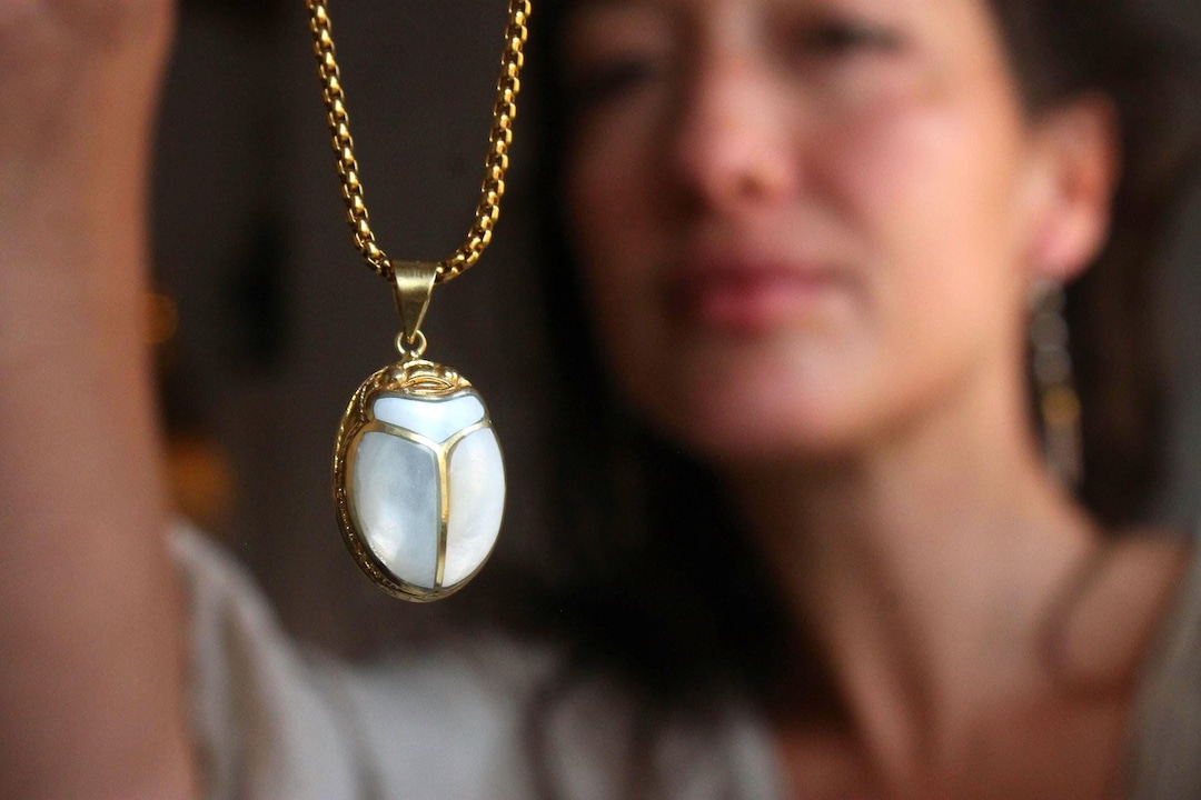 KHEPRI White Scarab, Mother of Pearl Inlay Pendant, Carved Scarab ...