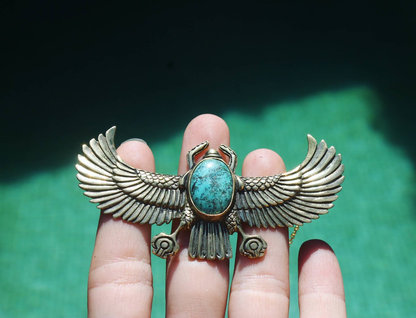 KHEPRI Winged Scarab Necklace, Turquoise Egyptian Revival, Hand Carved ...