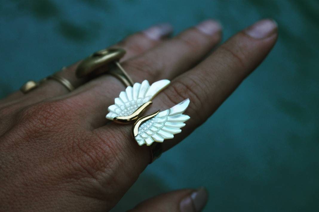 ALYA White Angel Wings Ring, Wings Jewelry, Bohemian Style, Carved Ring ...