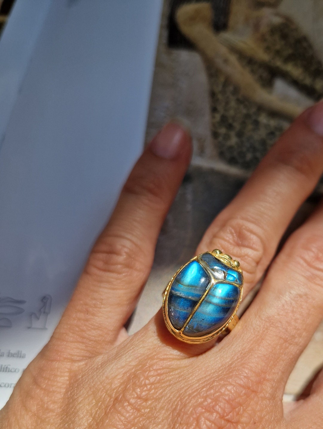 KHEPRI Labradorite Inlay Ring, Carved Gem Scarab, Beetle Jewelry ...