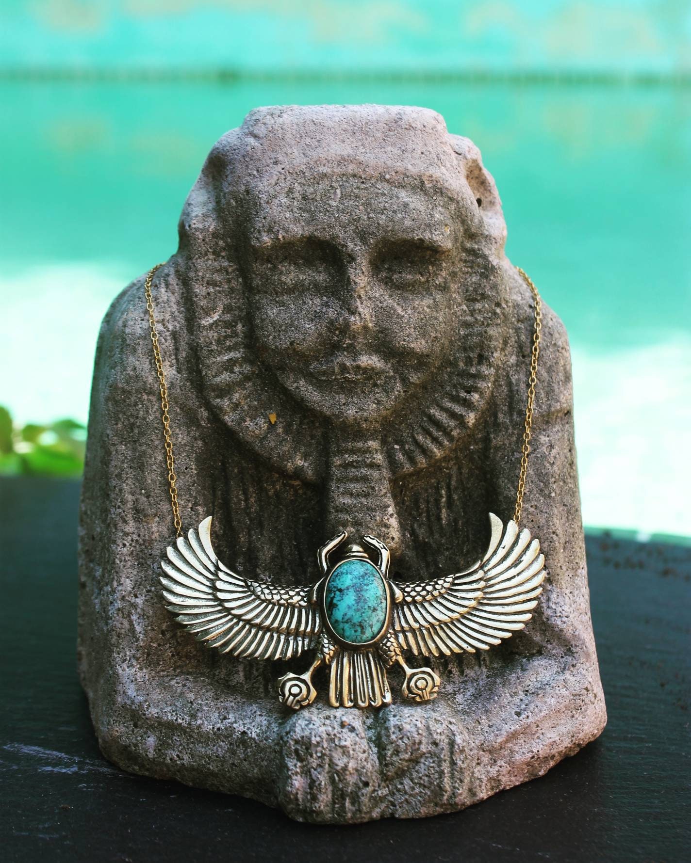 KHEPRI Winged Scarab Necklace, Turquoise Egyptian Revival, Hand Carved ...