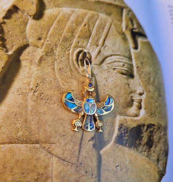 MINI PECTORAL of TUTANKHAMUN earrings Egyptian Beetle winged scarab beetle earrings abalone shell inlay blue shell handmade