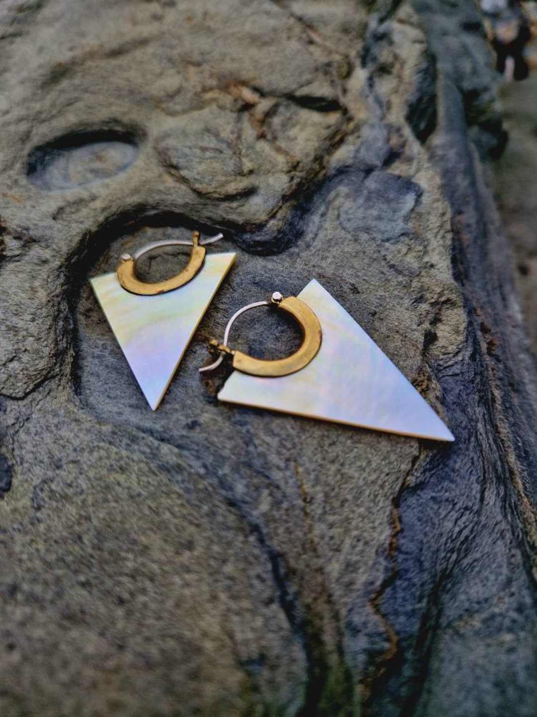 WHITE Mother Pearl Shell Triangular Hoops, Carved Hoops, Sea Shell, Asian Style, Goddess Jewelry ...