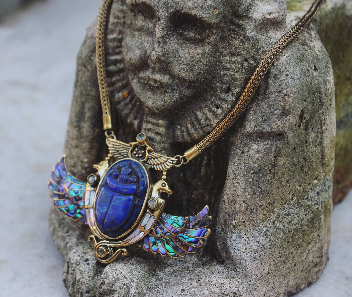 Egyptian Scarab Reproduction Necklace, Winged Scarab, Hand Carved Lapis ...