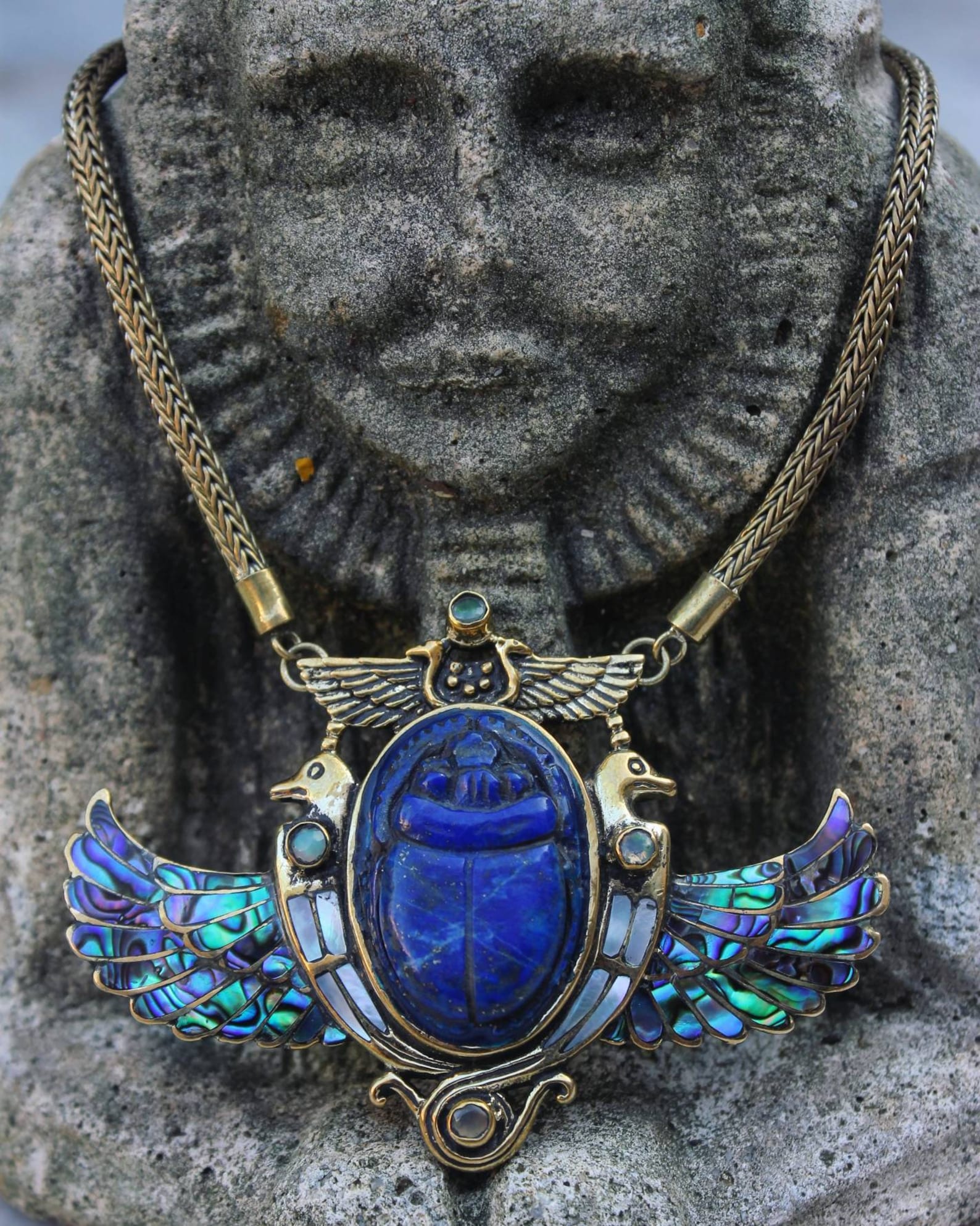 Egyptian Scarab Reproduction Necklace, Winged Scarab, Hand Carved Lapis ...