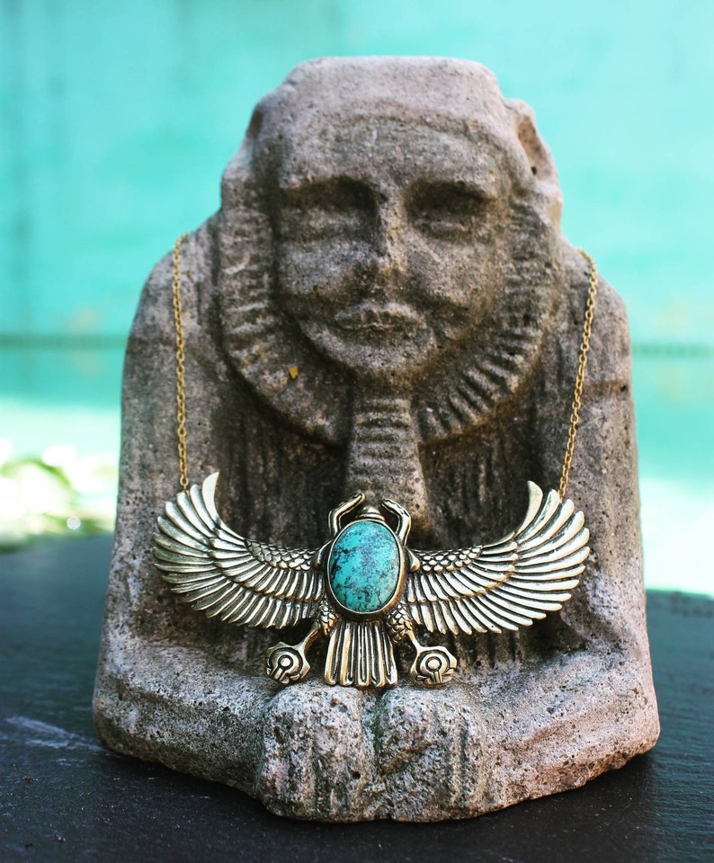 KHEPRI Winged Scarab Necklace, Turquoise Egyptian Revival, Hand Carved ...